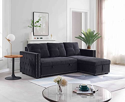 Cotoala 91" 91'' Velvet Reversible Sleeper Sectional Sofa, L-Shape 3 Seat Convertible Couch with Storage and Pull Out Bed, Button Tufted Nail Head Trim, Living Room Furniture, Black