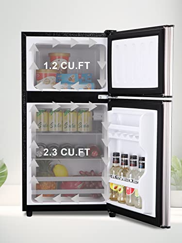 KRIB BLING 3.5 Cu.Ft Mini Fridge,Small Refrigerator 7 Level Adjustable Thermostat Removable Shelves with Stainless Steel 2 door for Office Dorm Apartment Silver
