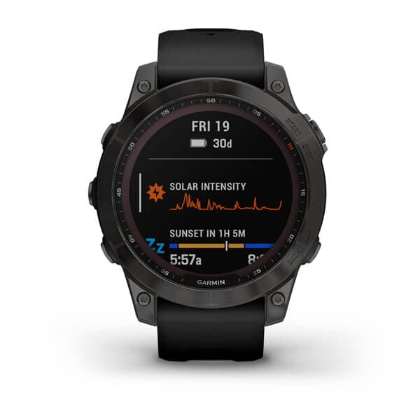 Garmin Fenix 7 Sapphire Solar Edition Smart Watch Carbon Gray DLC Titanium w Black Band (47mm) + Wireless Headphones + Watch Charging Stand + USB Car/Wall Adapter + 6TH AVE Cleaning Kit (010-02540-20)