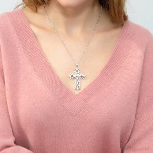 BERRICLE Sterling Silver Cross Cubic Zirconia CZ Milgrain Pendant Necklace for Women, Rhodium Plated