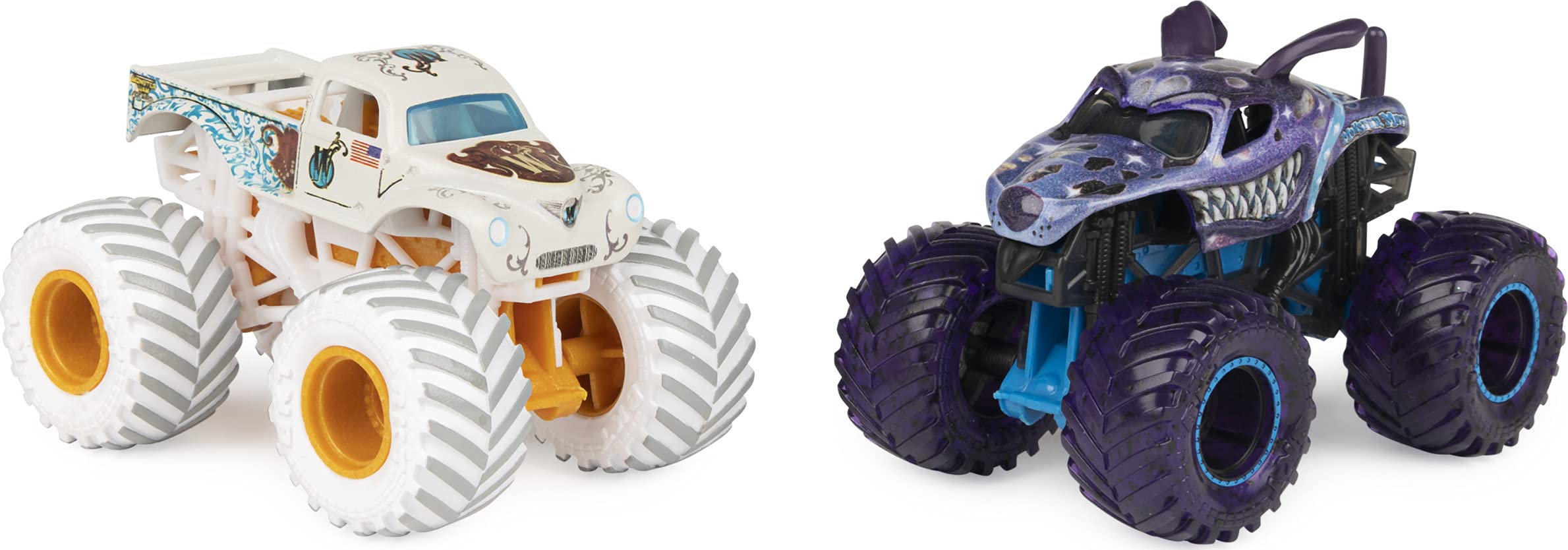 Monster Jam 2021 Spin Master 1:64 Diecast Exclusive Gears and Galaxies 'W' Whiplash vs Monster Mutt Dalmatian