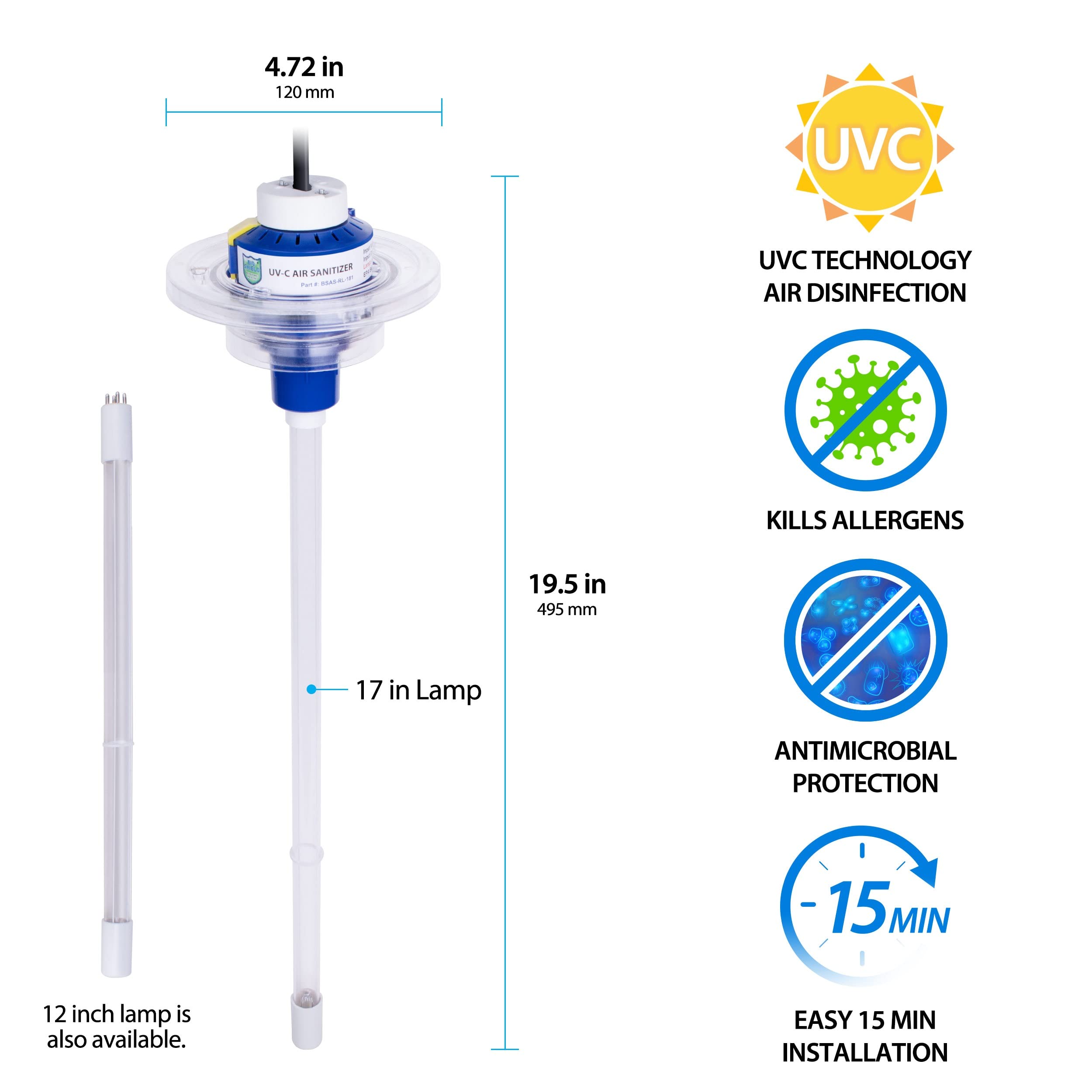 Bio Shield Antimicrobial Protection UV-C Air Sanitizer System, Cleans Air of Bacteria, Germs, Mold and Allergens, Complete Unit, 50-BUVAS-E