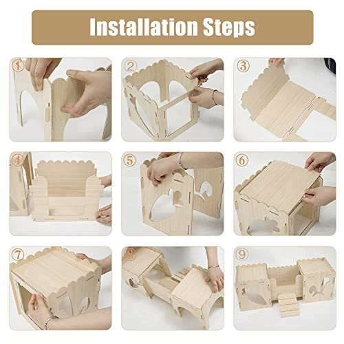 kathson Wooden Rabbit Castle Small Animals Hideout Bunny Playhouse Tunnel with Bridge Windows Spacious and Breathable Indoor Castle for Bunnies, Cat, Guinea Pig