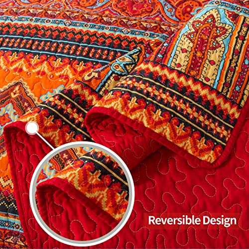 VAPUTAR Cotton Quilt Queen Size Bedding Set - 3 Pieces Queen Quilt Bedding Set, Boho Queen Size Quilts, Lightweight Reversible Coverlets Bedspreads for Farmhouse Bedroom (Red/Orange)