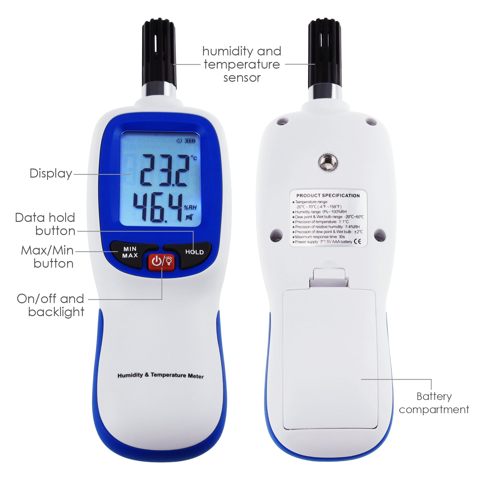Gain Express Digital Humidity & Temperature Meter Hygrometer Psychrometer, Dew Point and Wet-Bulb Temperature Range -4~158°F, Humidity Range 0~100% RH, Min/Max Hold, LCD Backlight