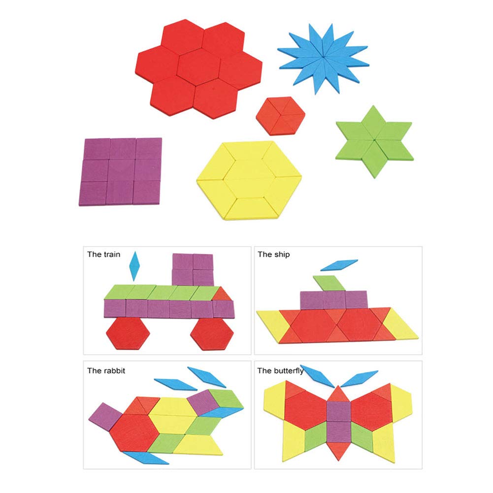 GEMEM 155 Pcs Wooden Pattern Blocks Set Geometric Shape Puzzle Kindergarten Classic Educational Montessori Tangram Toys for Kids Ages 4-8 with 24 Pcs Design Cards