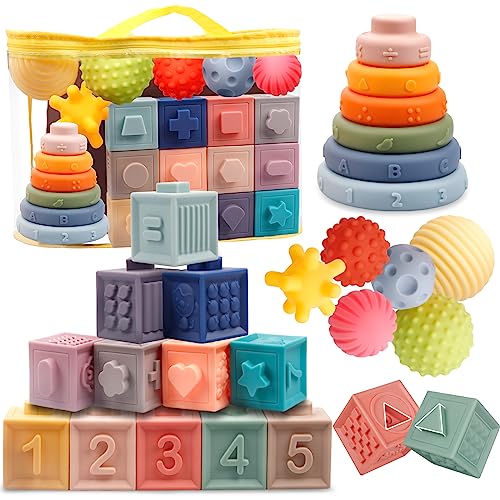 Plunack Montessori Toys for Babies 6-12 Months Soft Baby Toys Set 3 in 1 Stacking Building Blocks Infant Teething Toys Sensory Balls Educational Learning Toys for Toddlers 3-6-9-12 Months Boys Girls