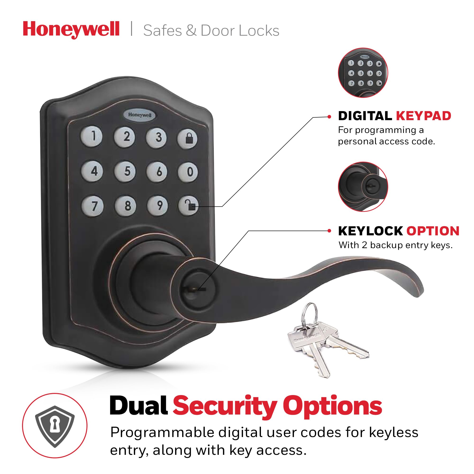 Honeywell Safes & Door Locks - Keyless Entry Lever Door Lock Handle with Electronic Keypad - Easy to Install Front Door Lock with 50 User Pin Codes - Oil Rubed Bronze, 6.5 x 8.8 x 9 in - 8734401