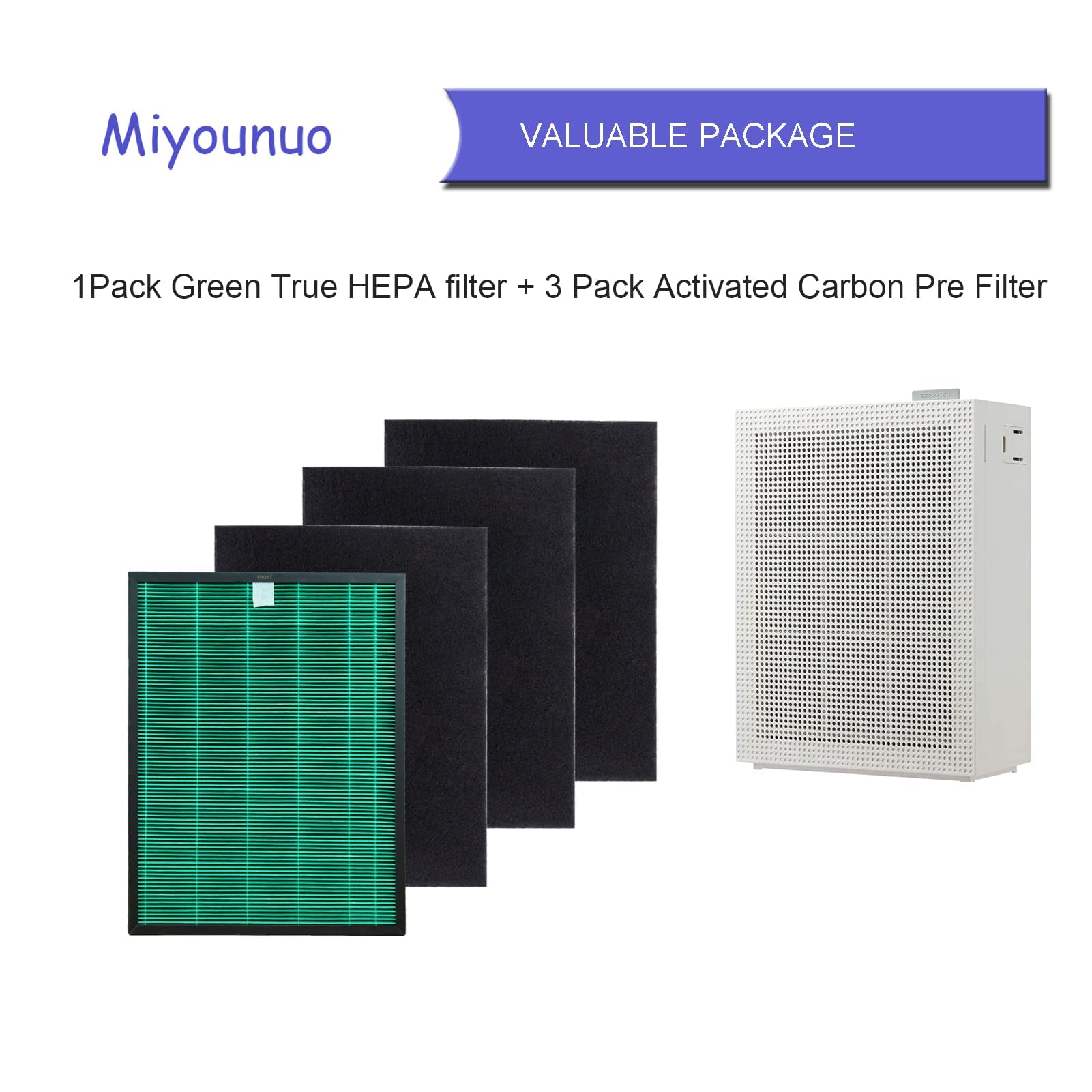 MIYOUNUO Airmega 150 Replacement Filter Compatible with Coway Airmega 150 AP1019C Air Purifier 1pc Green HEPA Filter + 3pcs Carbon Pre-Filters