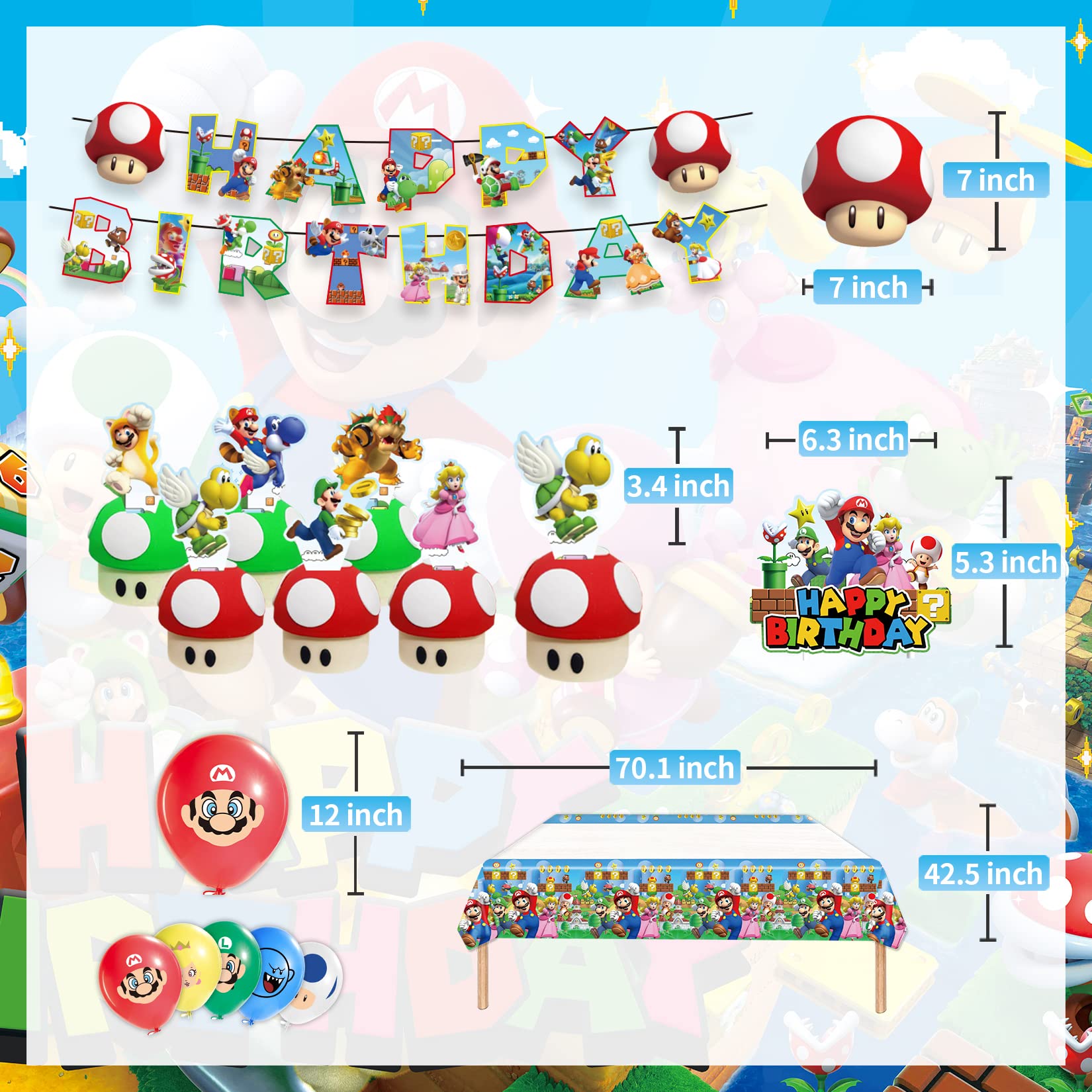 Mario Birthday Party Supplies, 116PCS Mario Party Decorations Include Banners, Backdrop, Plates, Tablecloth, Cup, Forks, Spoons, Cake Topper, straw (10 Guests)