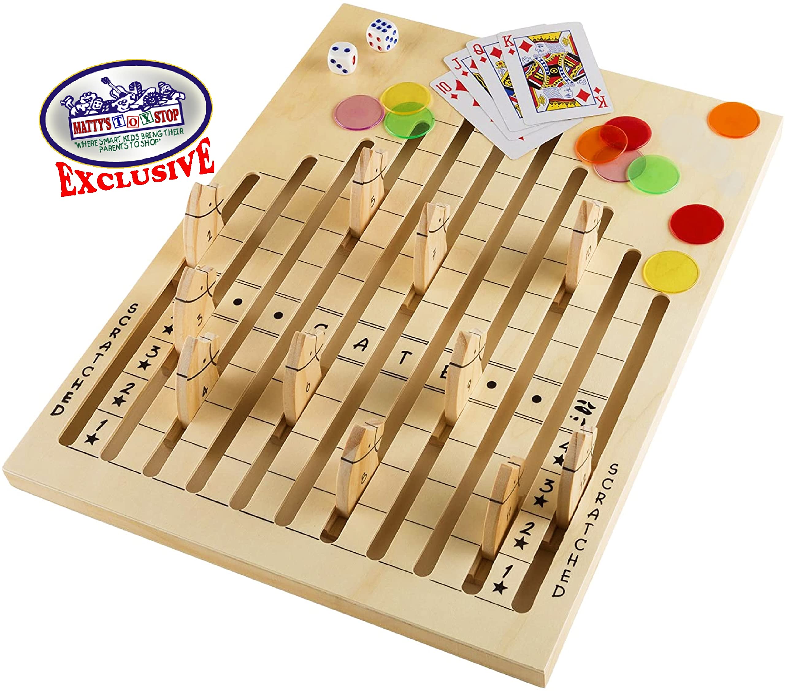 Matty's Toy Stop Deluxe Wooden Horse Racing Derby Game with Dice, Playing Cards & Chips