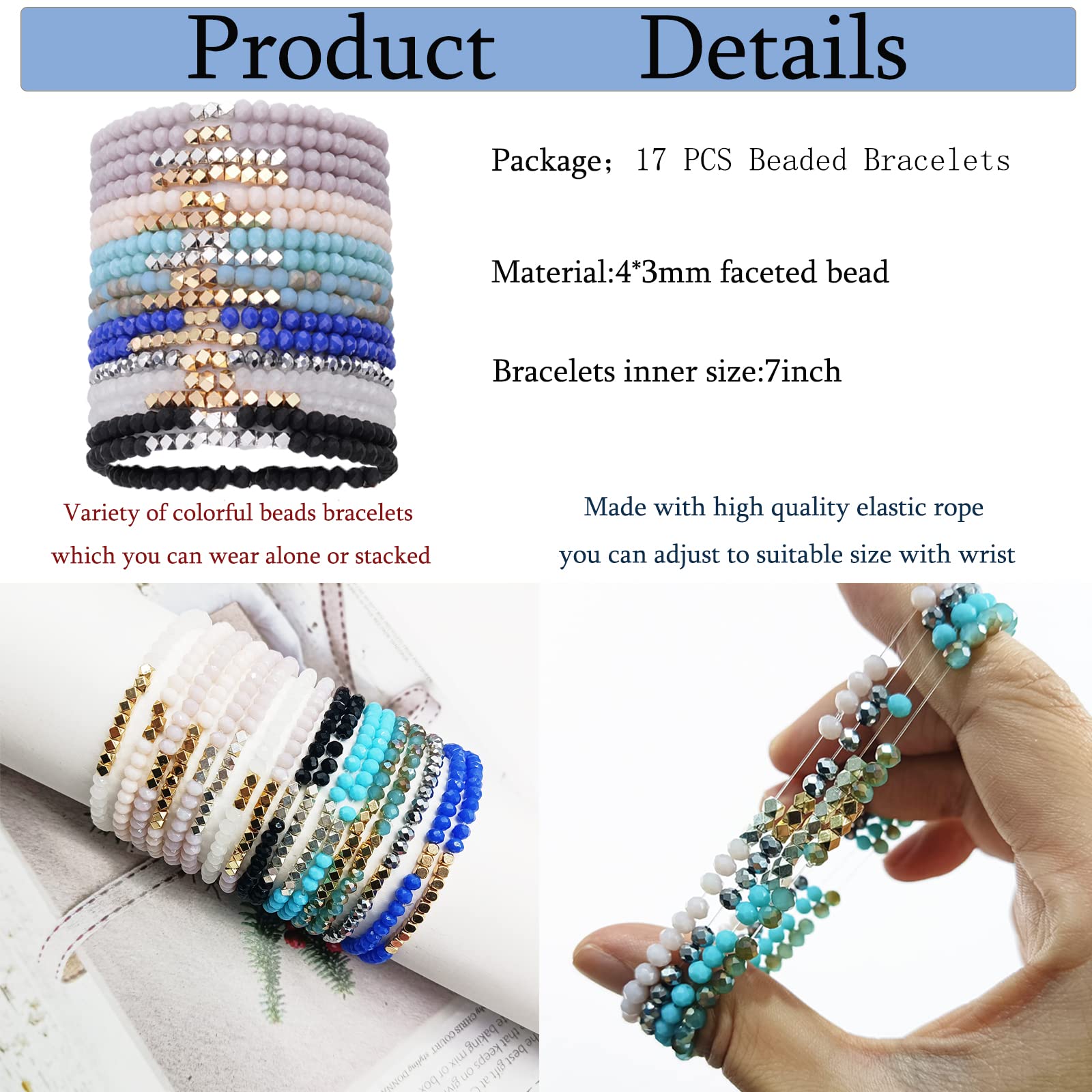 CASDAN 17Pcs Stackable Boho Beaded Bracelets for Women MultiLayer Versatile Statement Glass Bracelets Stretch Colorful Sparkly Crystal Beads Bracelet Delicate Gift