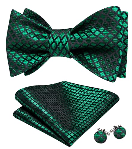 Barry.Wang Men Emerald Green Plaid Self Bow Tie Set with Pocket Square Cufflinks Silk Designer Bowtie Necktie