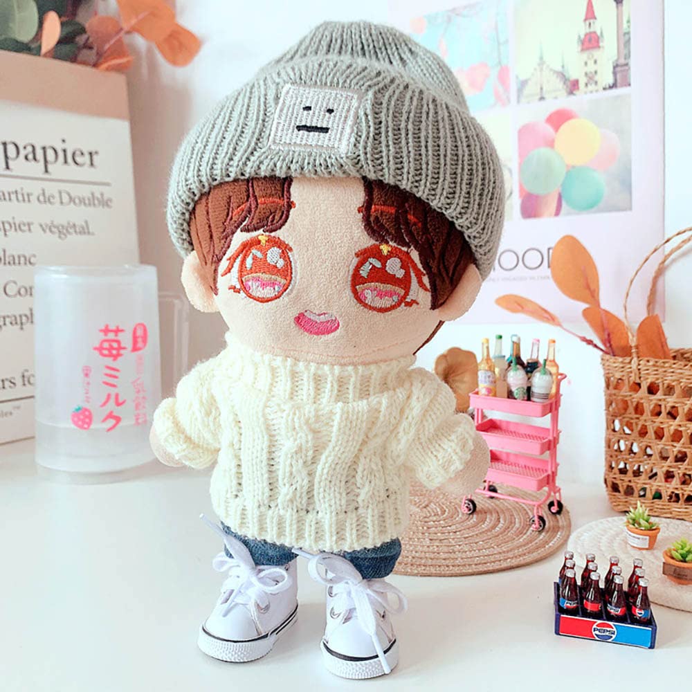 niannyyhouse Doll Clothes Suit 7.8in/20cm Plush Doll Clothes Hat + Sweater + Shorts 3-Piece Set Doll Dressup Square Face Hat Denim Shorts White Sweater (Blue)