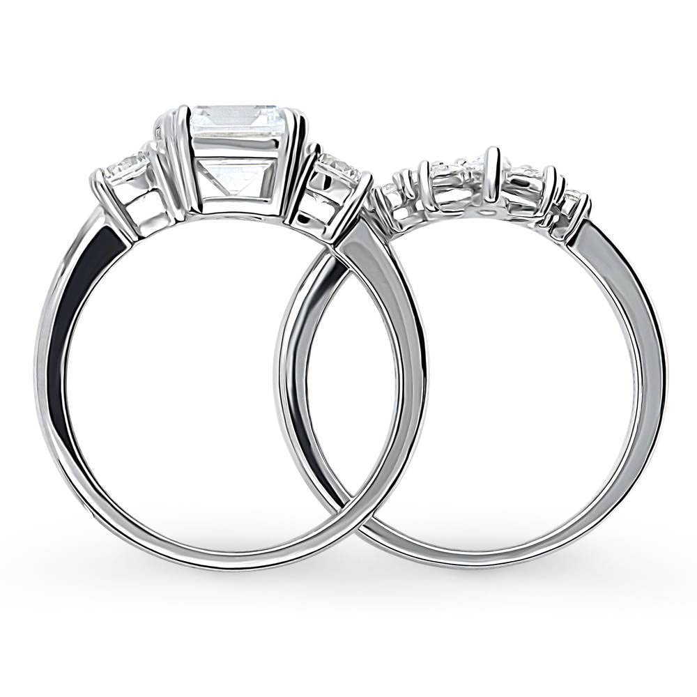 BERRICLE Sterling Silver 3-Stone Wedding Engagement Rings Emerald Cut Cubic Zirconia CZ 7-Stone Ring Set for Women, Rhodium Plated Size 8