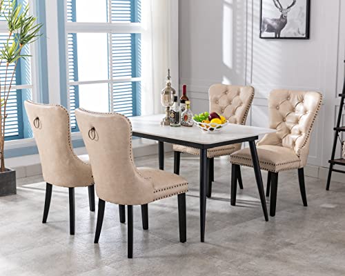 CIMOTA PU Leather Dining Chairs Set of 2, Upholstered Modern Tufted Dining Room Chairs Nailhead Trim Armless Side Chair with Solid Wood for Kitchen/Dining Room/Bedroom (Beige, Ring on The Back)