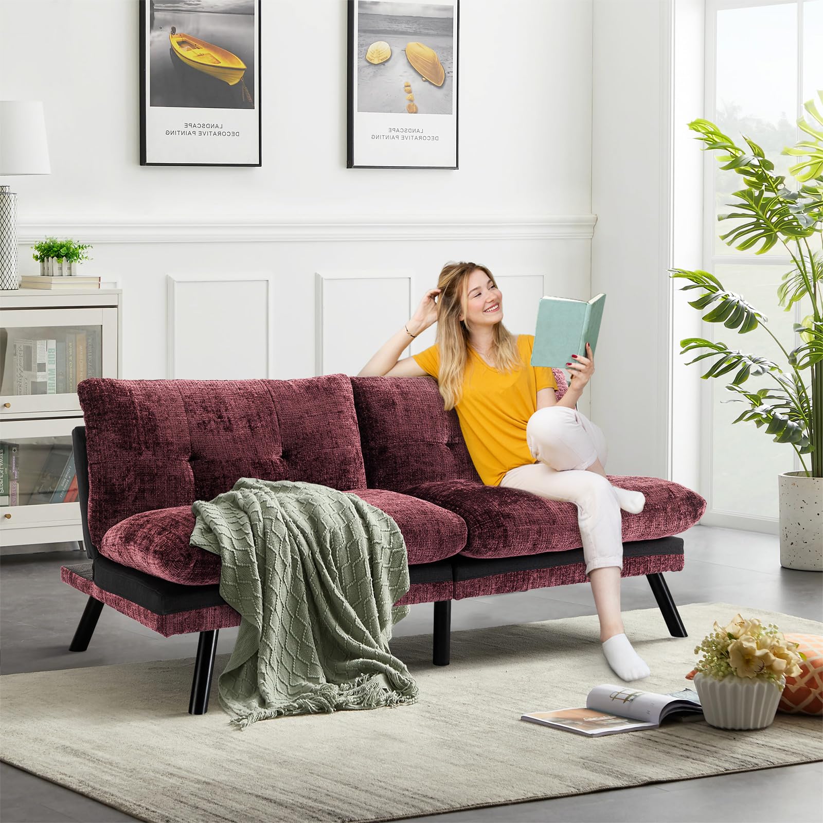 Convertible Comfy Futon Sofa Bed, 72" L Sleeper Couch with Thicker Cushion, Upholstered Modern Reclining Loveseat Folding Sofa for Small Living Room, Dorm, Apartment, Office, Blue