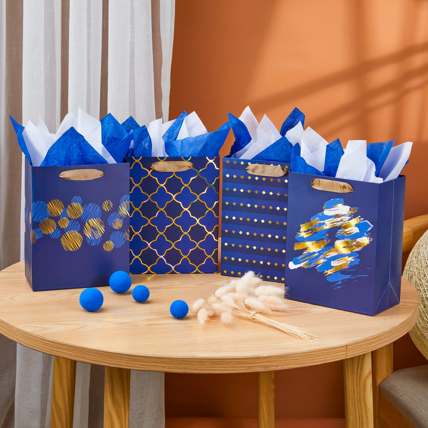 SUNCOLOR 4 Pack 9" Small Gift Bags for Christmas/Father's Day/Party Bags With Tissue Paper(Blue)