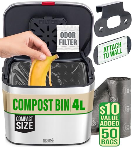 Eparé Kitchen Compost Bin Countertop - 4L/1 Gal Odorless Small Stainless Steel Composting Bin - Hanging Food & Waste Counter Top Trash Can - with 50 Compostable Trash Bags & Carbon Filter