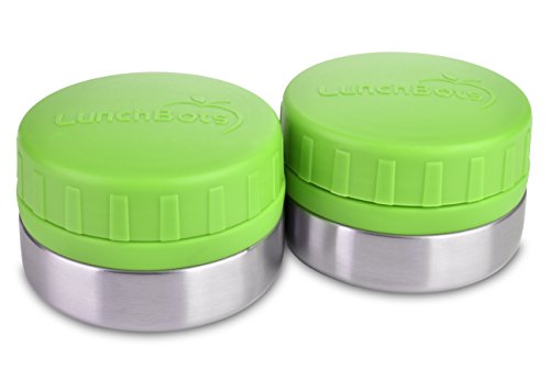 LunchBots Rounds Leak Proof 4 oz. Stainless Snack Container Jar, Set of 2, Green Lids
