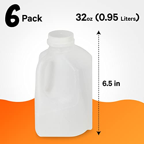 CUNTAIN Juice Bottles – Set of 6 HDPE Plastic Juice Bottles with Caps – 32 oz Empty Containers for Beverages, Milk, Water, Juice – Leakproof Plastic Containers with Lids, Bottles for Juice