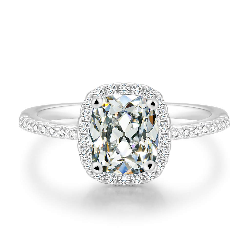 BeFab 2.25 Ct Cushion Cut Anniversary Ring Cubic Zirconia Accented Halo Engagement Ring (Silver, 7)