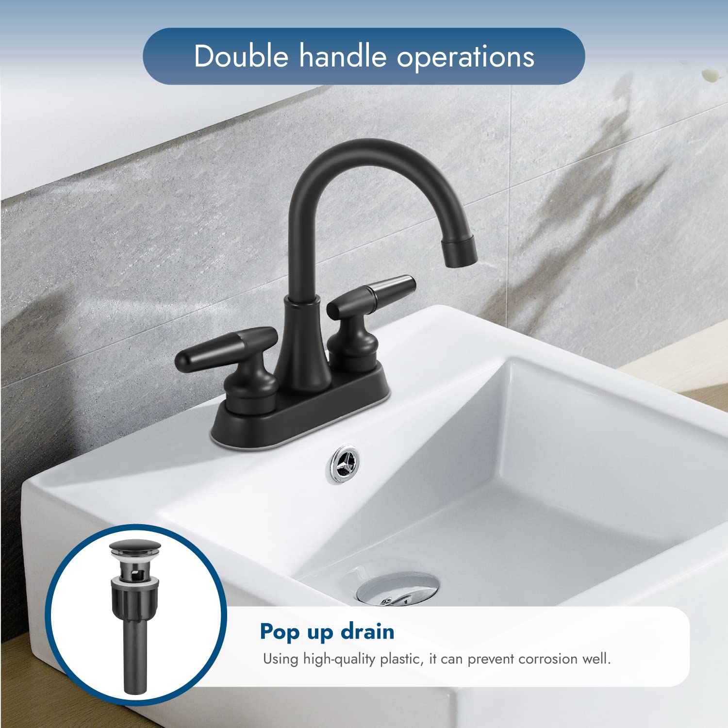 Cinwiny Bathroom Sink Faucet 4 Inch 2 Handle Lavatory Bathroom Vanity Faucets 360 Degree Swivel Spout Modern Deck Mount RV Bathroom Sink Faucet with Pop up Drain,Matte Black