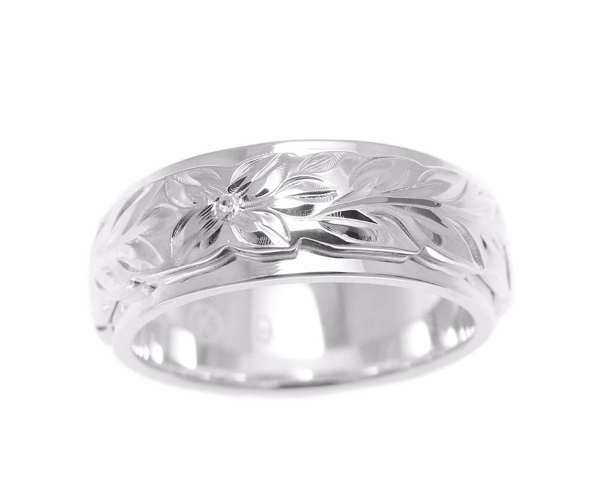 Arthur's Jewelry Sterling silver 925 Hawaiian maile leaf plumeria flower scroll 6mm/8mm double ring size 7.5