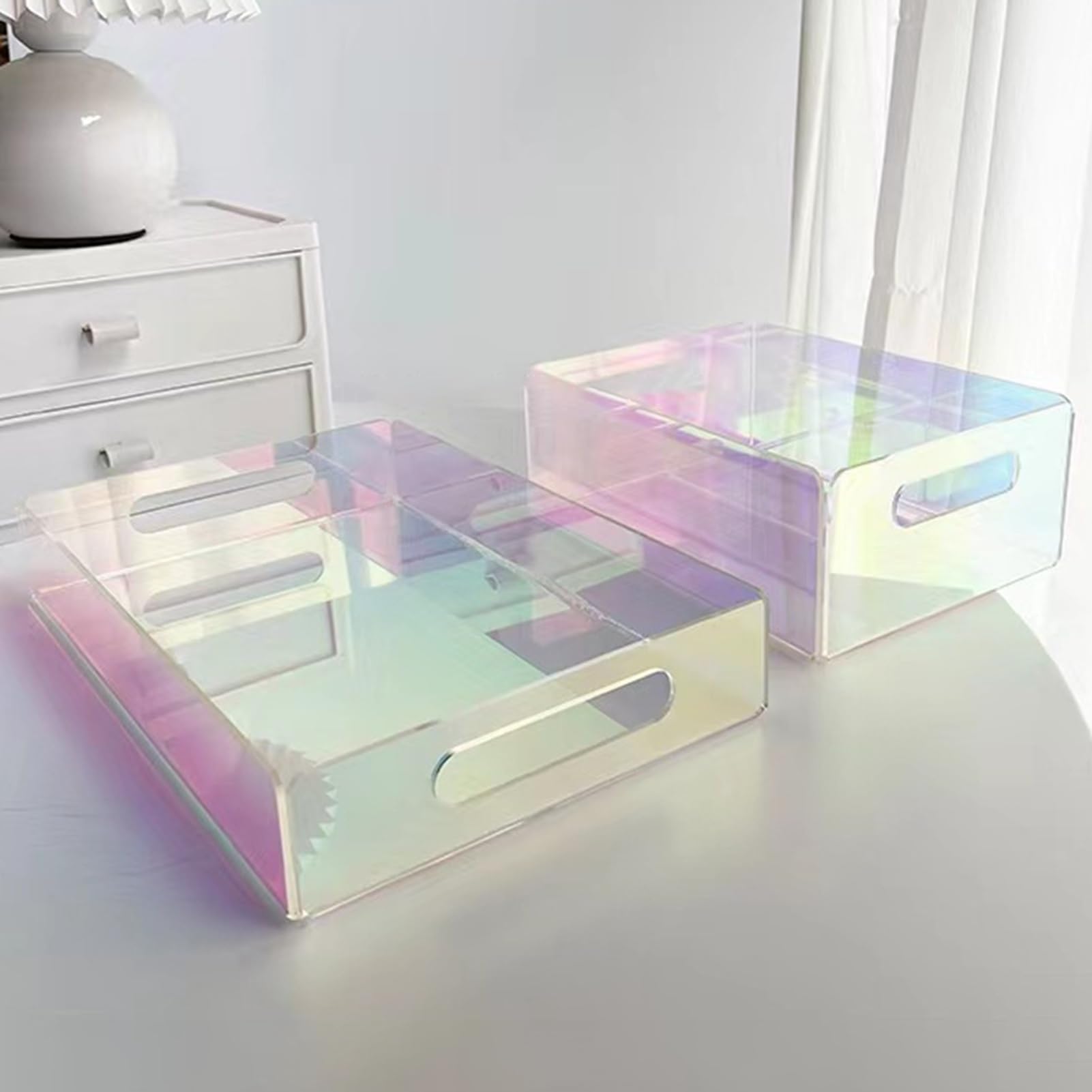 YESBAY Iridescent Acrylic Storage Box with Handle Acrylic Tray Vanity Organizer Case Hollow Multi-Functional Desktop Makeup Tray Basket Organizer Tissue Holder for Bathroom Countertop Bedroom C