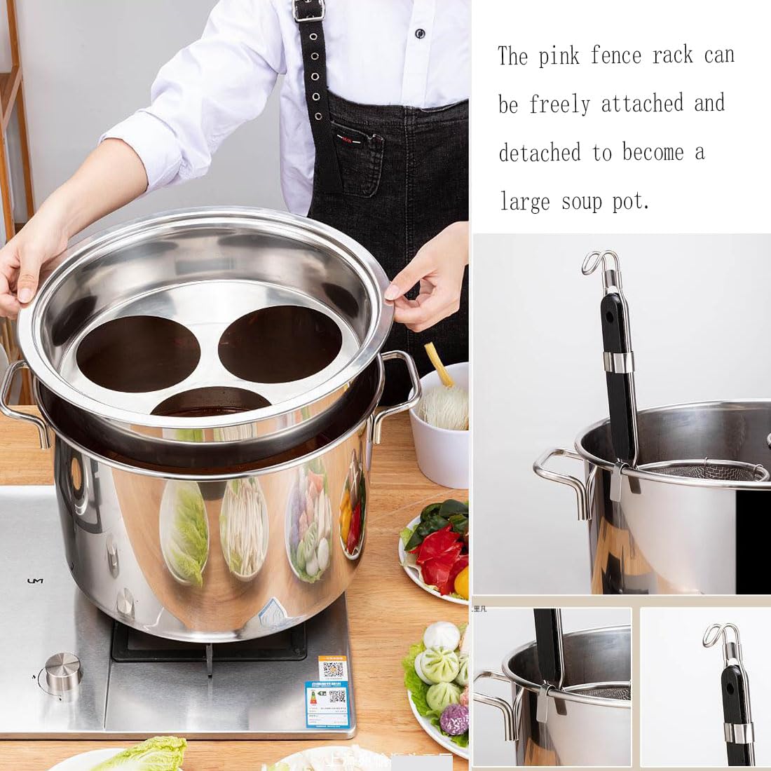 Buokaiw Pasta Cooker with Strainer,Stainless Steel Pasta Cooker Insert Set, Multipots Cooking Tool,Stock Pot with Lid, 3 Holes Pasta Basket for Boiling.for Kitchen Cooking Multiple