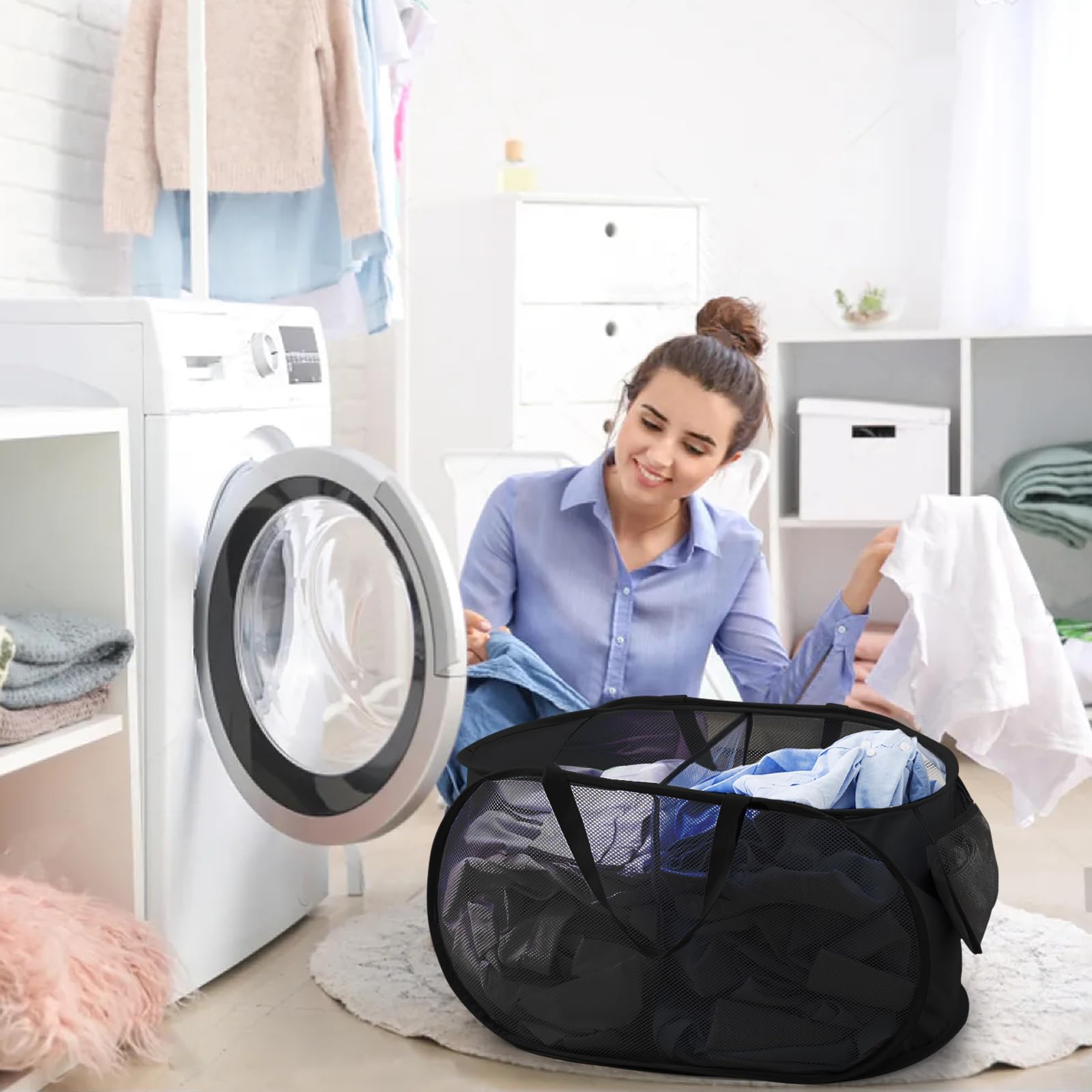 WD&CD 2Pcs Pop-Up Laundry Hampers Foldable Mesh Washing Laundry Basket Collapsible Mesh Dirty Clothes Hamper Toy Tidy Storage Organizer Horizontal, Gray