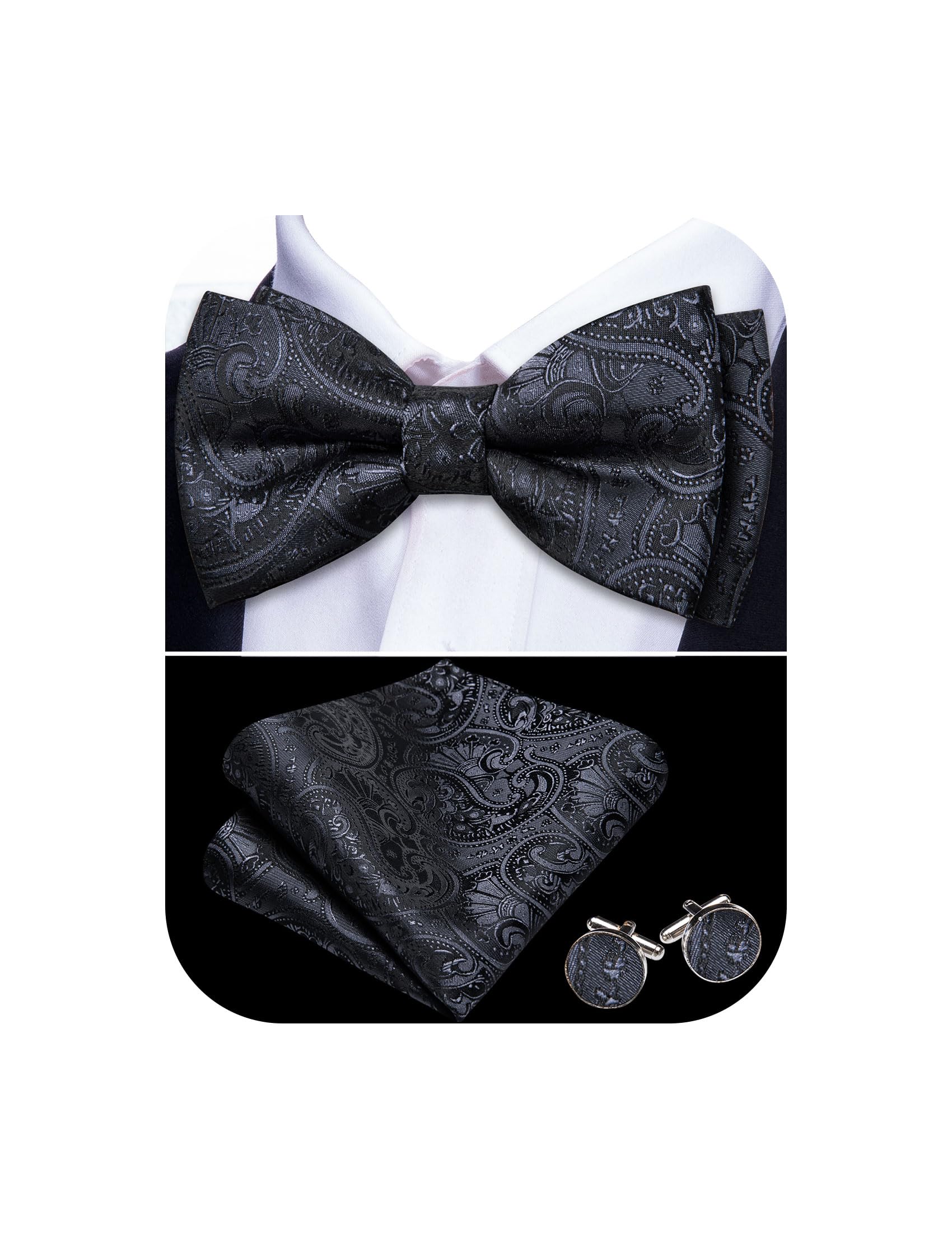 Barry.Wang Men Bow Tie Set Paisley Black Silk Pre-Tied Bowtie Pocket Square Cufflinks Formal Wedding Prom Party Tuxedo