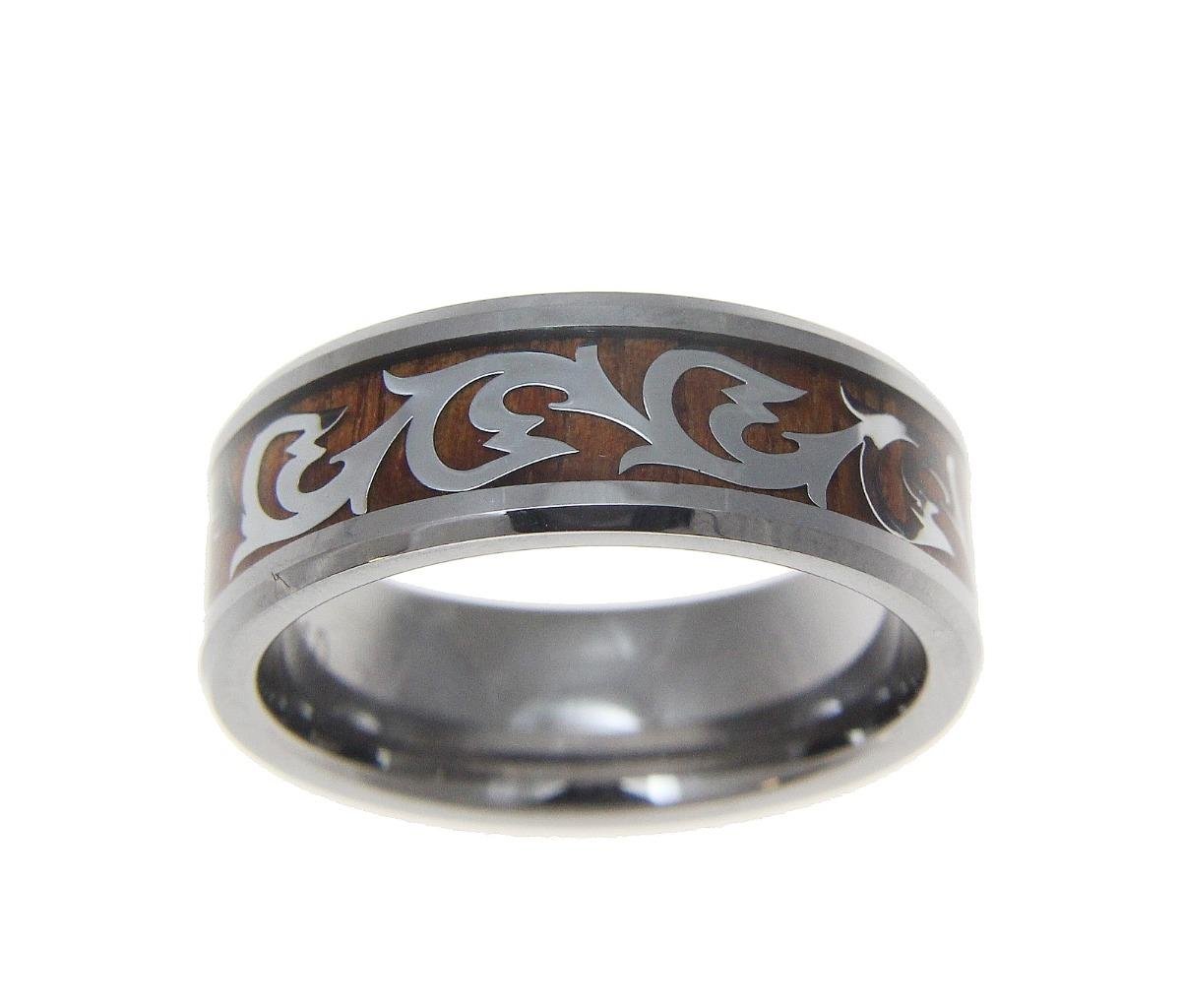 Arthur's Jewelry Genuine inlay Hawaiian koa wood shiny scroll band ring tungsten comfort fit 8mm size 9