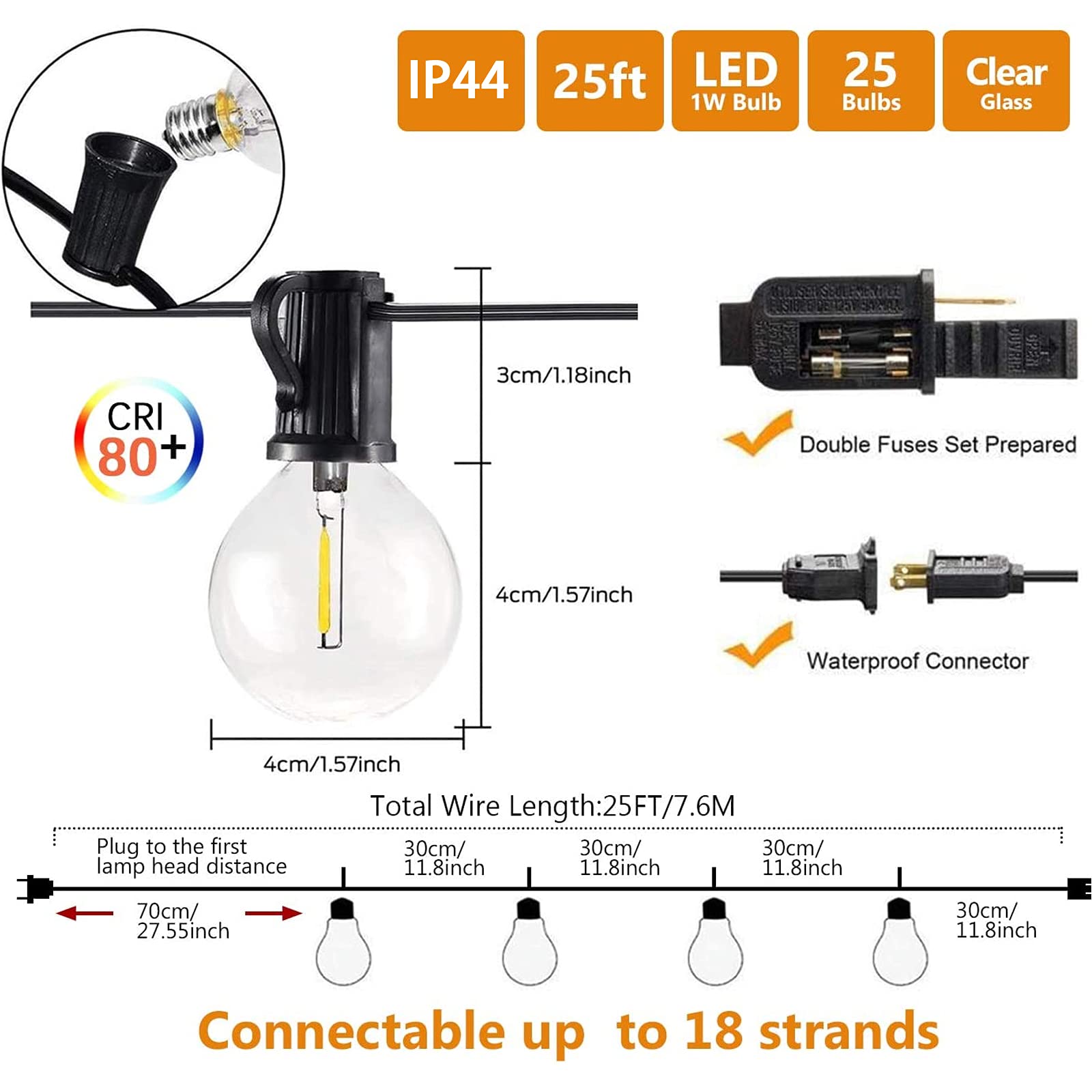 Genixgreen 1W G40 LED Light Bulb 25ft String Light 2700K, E12 Socket Outdoor Replacement Light Bulbs for Cafe Bistro Backyard Garden Indoor Outside Patio, Pack of 25