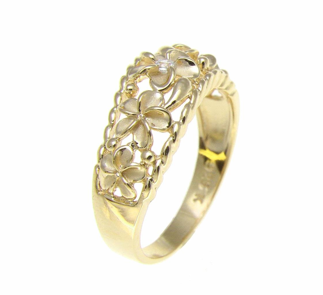 Arthur's Jewelry Yellow gold plated 925 sterling silver 5 Hawaiian plumeria flower cz ring curve style Size 9