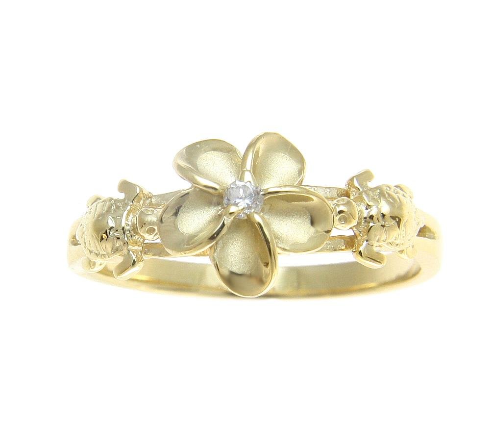 Arthur's Jewelry Yellow gold plated sterling silver 925 Hawaiian plumeria flower cz sea turtle ring size 9.5