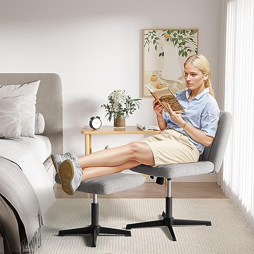 Kemon Armless Desk Chair No Wheels with Ottoman, Cross Legged Fabric Home Office Chairs, Height Adjustable Padded Wide Seat, Modern Swivel Computer Task Chair for Living Room, Grey