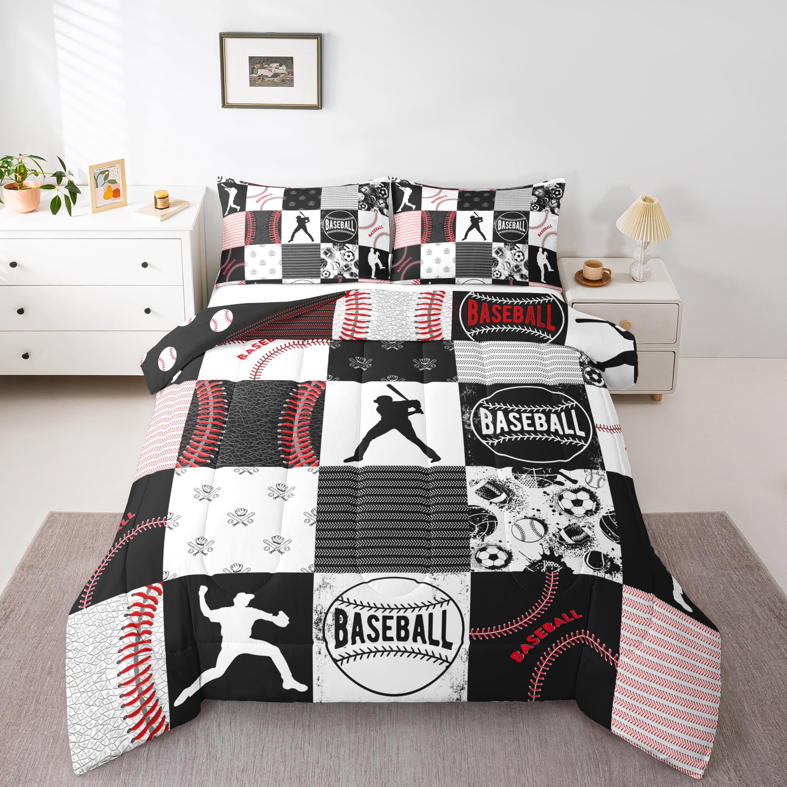 Erosebridal Twin Kids Baseball Comforter Set Softball Bedding Set Sports Game Quilted Comforter for Kids Patchwork Down Comforter Baseball Gift Duvet Insert 2pcs, Red Black Gray,Twin