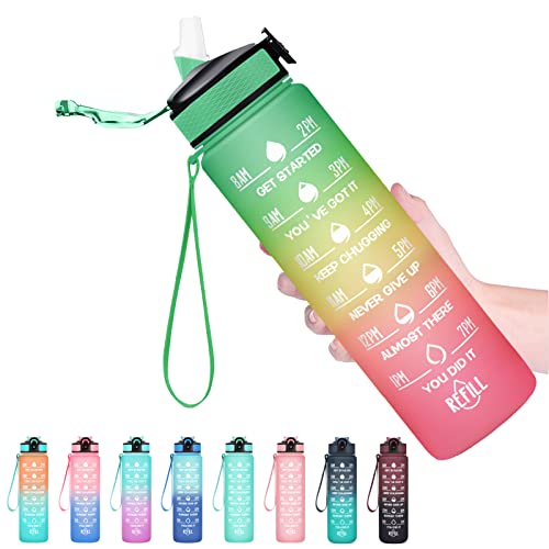Hyeta 32 oz Water Bottles with Times to Drink and Straw, Motivational Water Bottle with Time Marker, Leakproof & BPA Free, Drinking Sports Water Bottle for Fitness, Gym & Outdoor (Signal Lights)