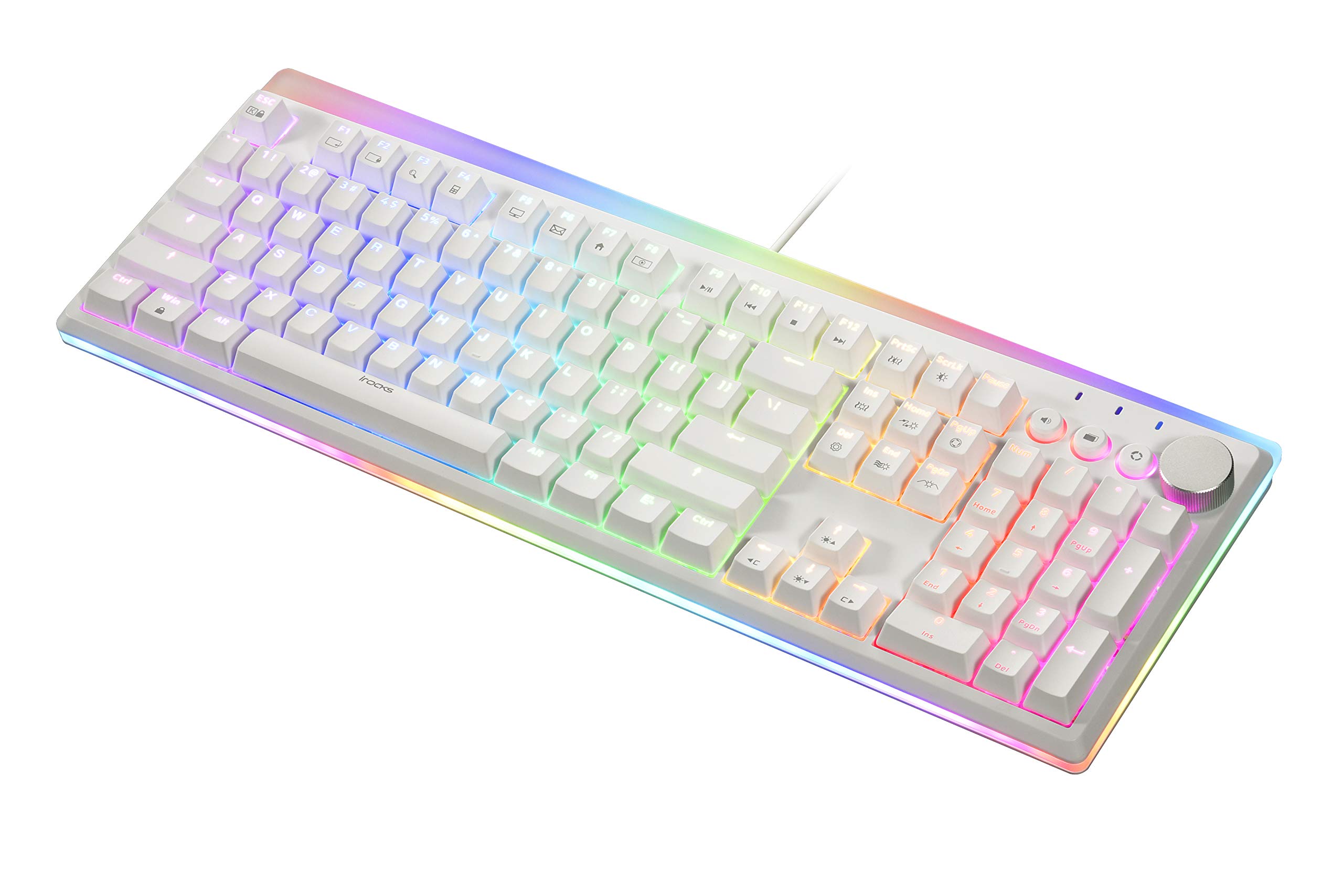 i-rocks K71M RGB Mechanical Gaming Keyboard with Media Control Knob, Gateron Switches (Brown), 107 Keys w/Full NKRO, PBT Keycaps, Multimedia Hotkeys, Detachable USB-C Cable and Onboard Storage, White