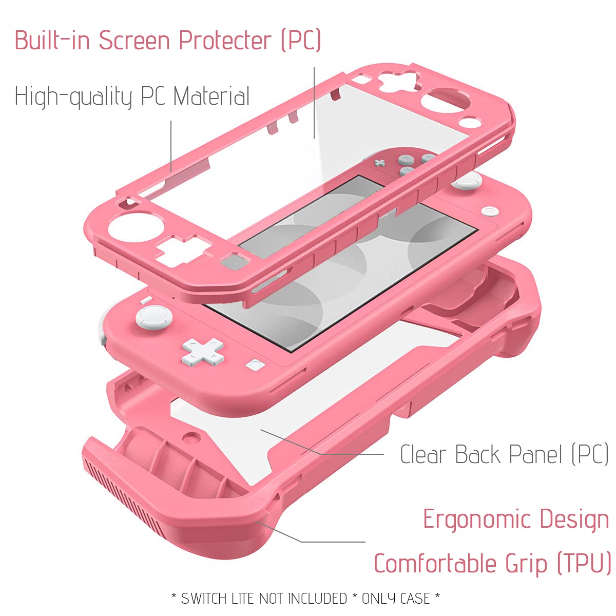 Case for Nintendo Switch Lite Protective Case Cover Skin Accessories - Grip Cover with Built-in PC Screen Protector - Split Cover TPU+PC Case with Anti-Scratch and Shock-Absorption - Coral