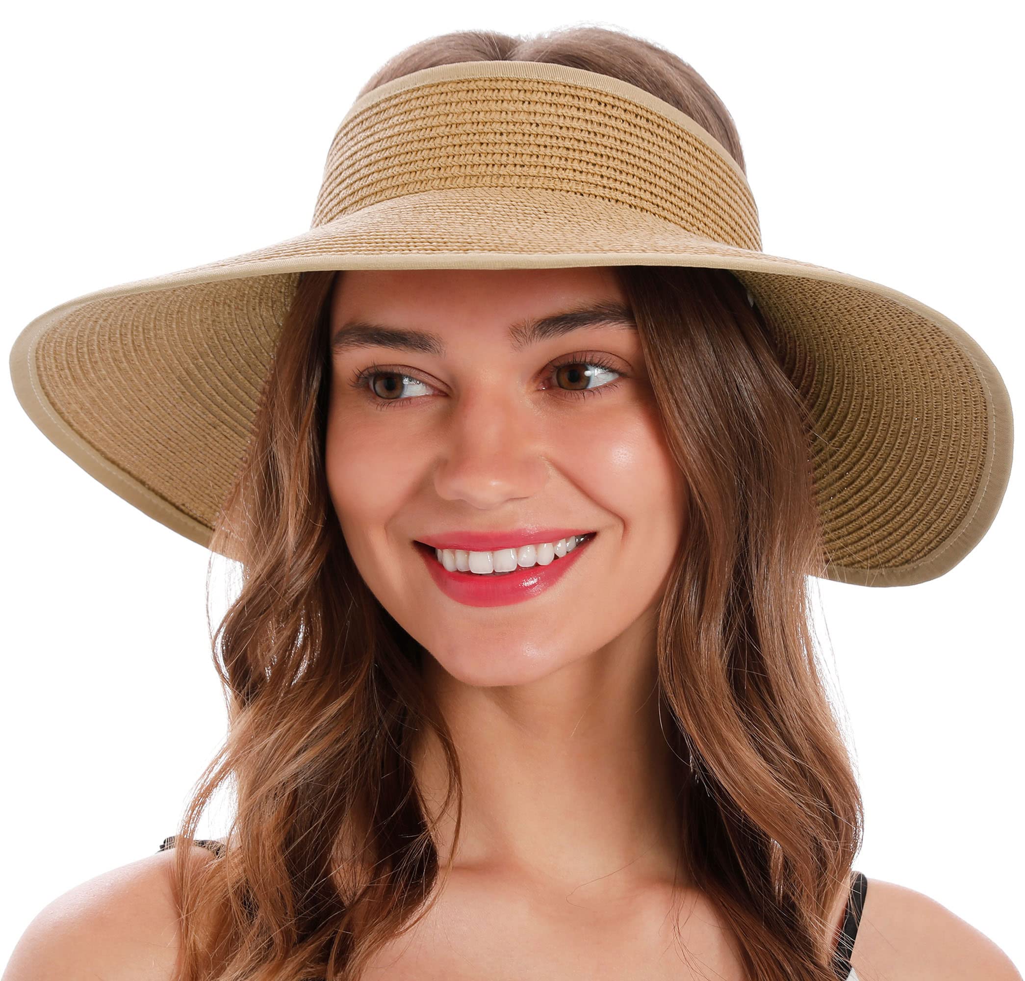 Beach Hats for Women Foldable Womens Visor Sun Hat Womens Wide Brim Hats for Women Fashionable Hats with Ponytail Hole On Top UV Protection Fishing Hat, Natural