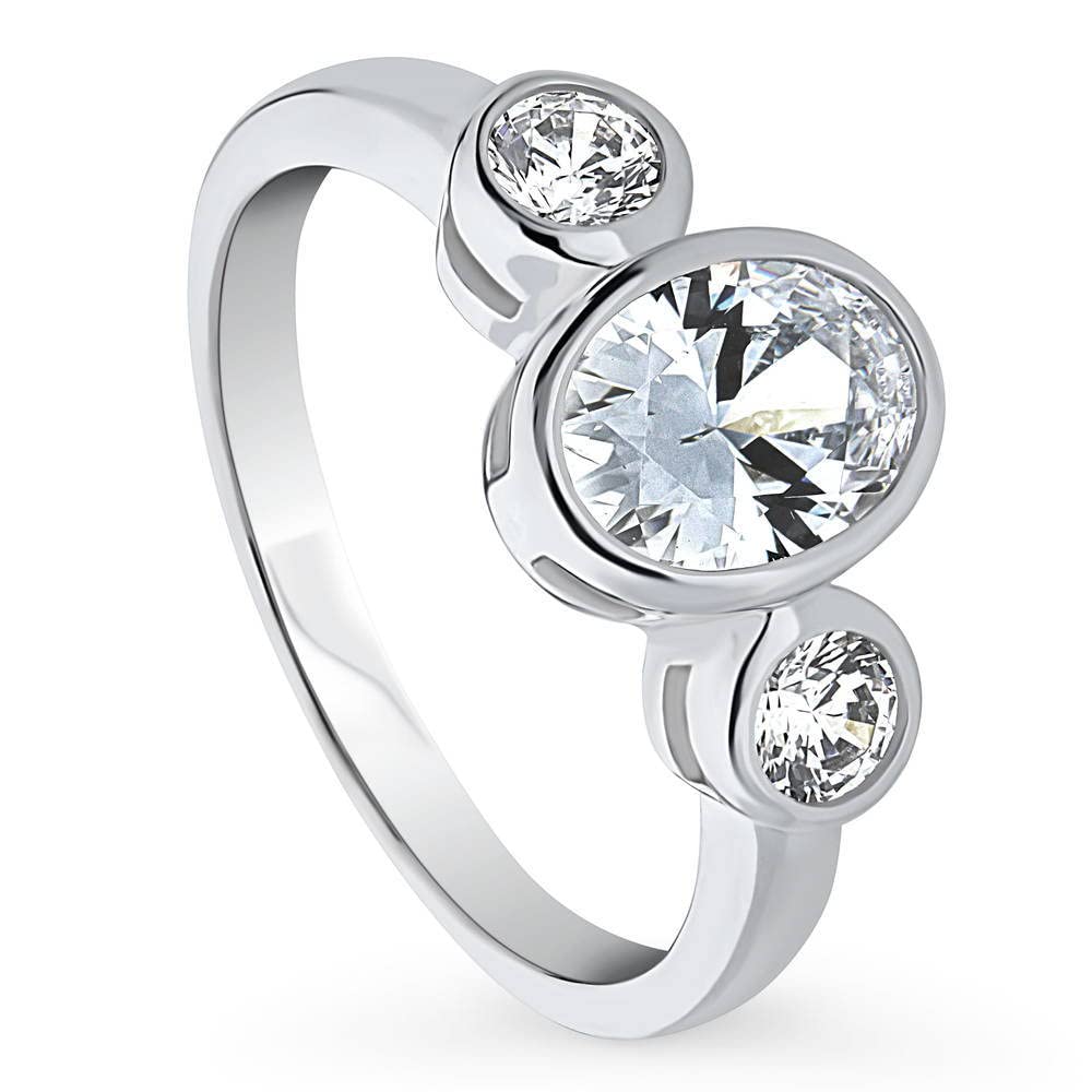 BERRICLE Sterling Silver 3-Stone Wedding Engagement Rings Oval Cut Cubic Zirconia CZ Anniversary Promise Ring for Women, Rhodium Plated Size 8