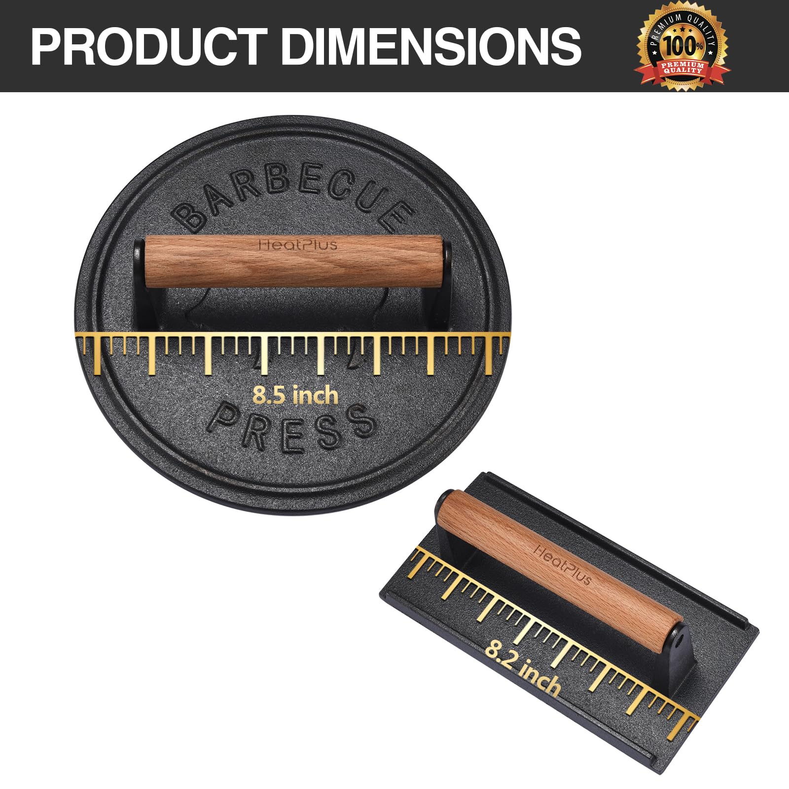 Burger Press,8.5 Inch Smash Bacon Press Heavy-Duty Cast Iron Burger Smasher 3lbs & 8.2 Inch Rectangle Grill Press 2lbs for Hambergur,Panini,Steak & Sandwiches,Food-Grade Press with Wood Handle