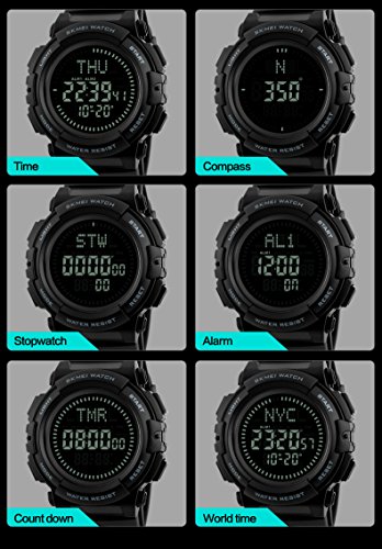 Men’s Military Sports Digital Watch with Survival Compass 50M Waterproof Countdown 3 Alarm Stopwatch (Black) (Black) (Black)