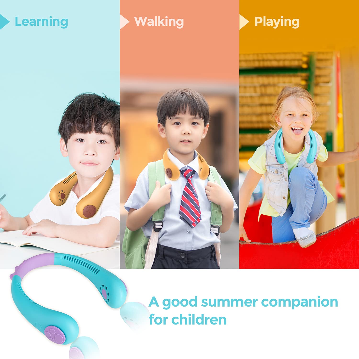 ICEBIRDS Portable Neck Fan for Kids 2021 New Bladeless Fan, USB Rechargeable Battery Operated Hanging Personal Mini Fan,Cartoon Headphone Design, Wearable Creative Leafless Fan,3 Speeds-Dinosaur Cyan