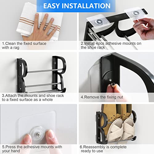 DEYILIAN Wall Mounted Shoes Rack 4 Pack, Hanging Shoe Organizer, Door Hanging Shoe Rack with Sticky Mounts, Wall Shoe Holder for Camper RV Shoe Storage with Hooks No Drilling Black