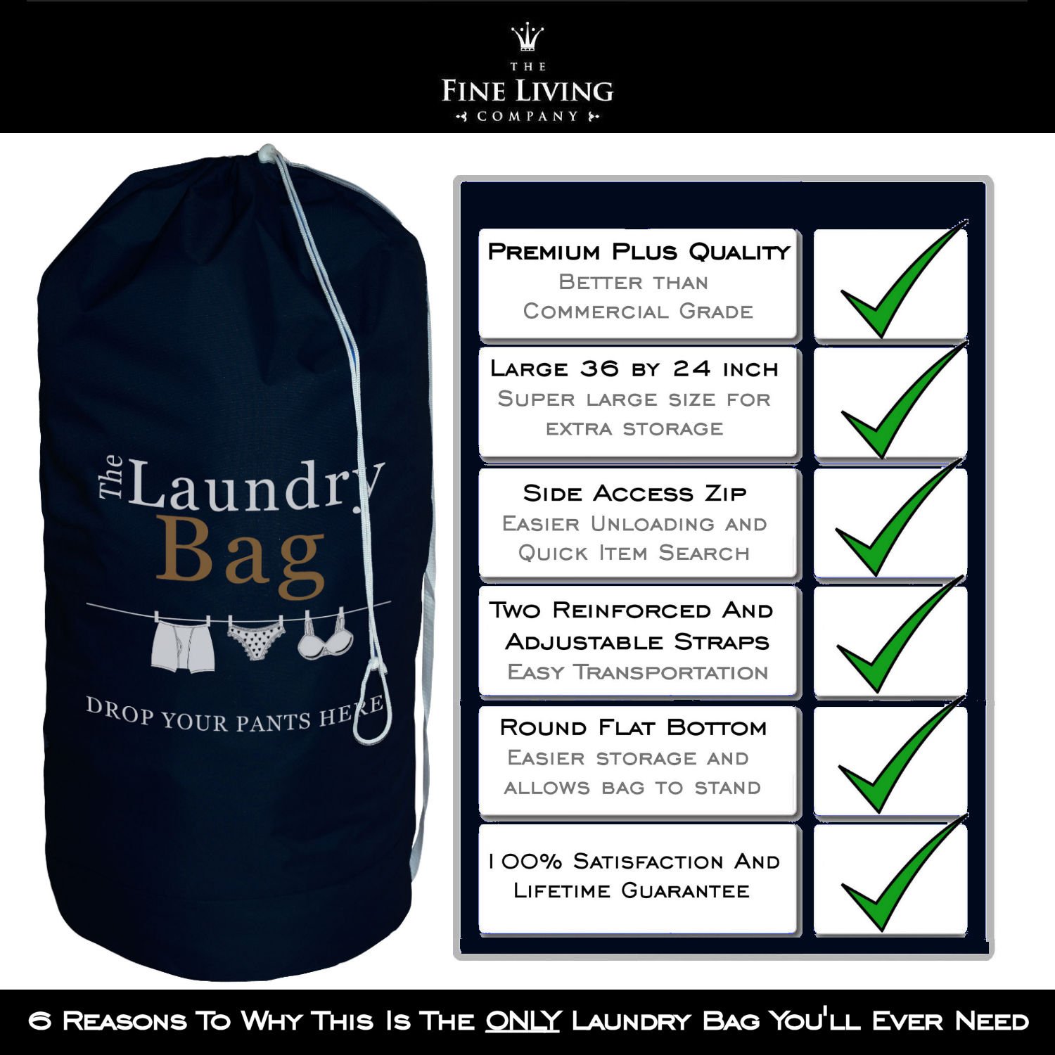 The Fine Living Co. Large Printed Laundry Bag with Adjustable Shoulder Straps & Drawstring,115L Capacity Heavy Duty Laundry Bag Backpack with Side Zipper, Space Saving Dirty Clothes Tall Laundry Bags, Foldable Laundry Hamper Bag 34"x14"x14" (Navy Blue)