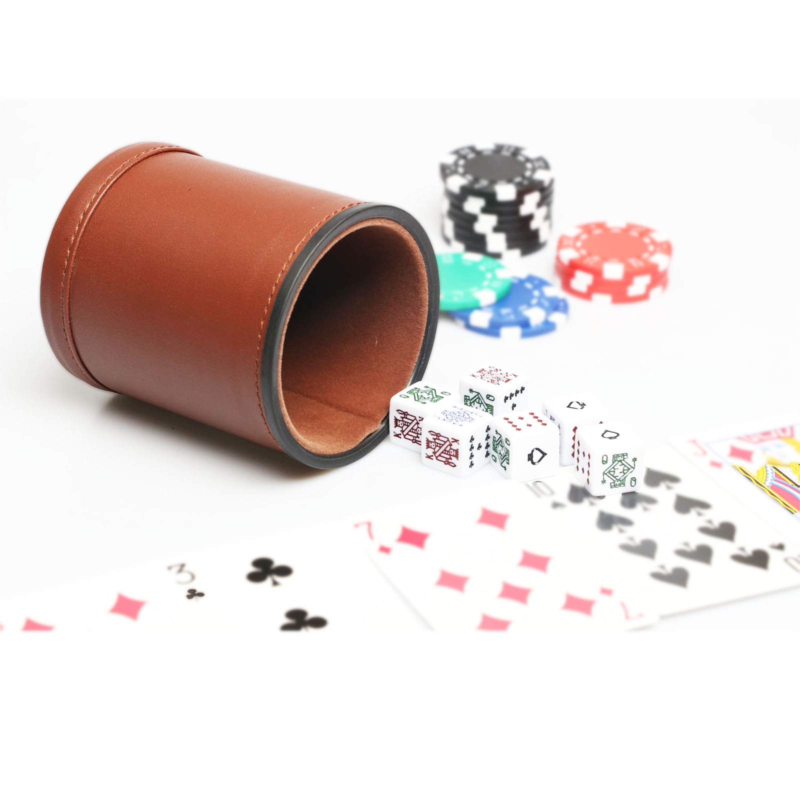 Leatherette Dice Cup and 6 White Dices Felt-Lined Quiet Shaker for Yahtzee/Farkle/Liars Dice Game