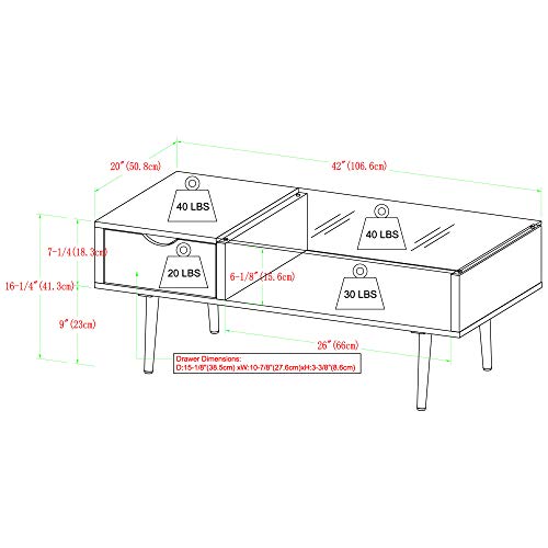Walker Edison Montclair Mid Century Modern Glass Top 1 Drawer Coffee Table, 42 Inch, Glass and Acorn